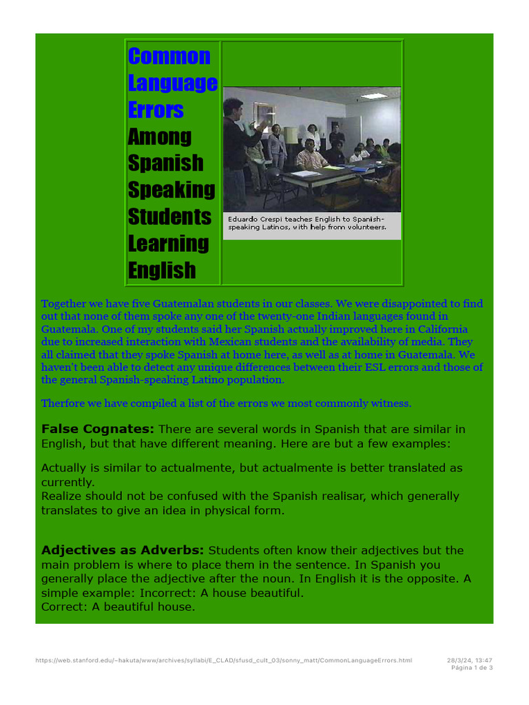 Common English Errors by Spanish Speakers | PDF | English Language ...