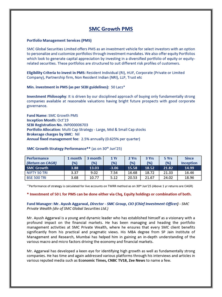 SMC Growth PMS Factsheet - July'25 | PDF | Investing | Valuation (Finance)