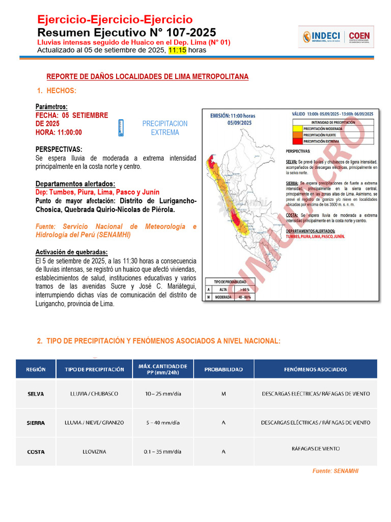 Resumen - Ejecutivo #107 - Ejercicio-Simulacro-INDECI-Lluvias Intensas en El Departamento de ...