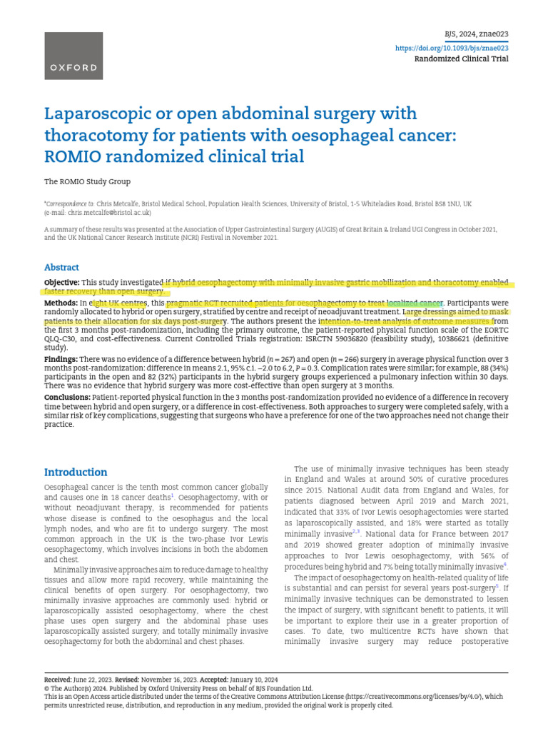 Hybrid vs Open Surgery for Oesophageal Cancer | PDF | Randomized ...
