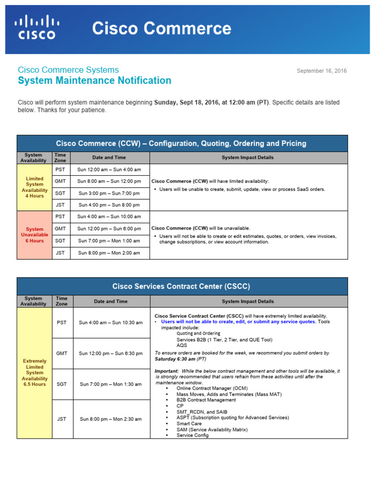 Cisco Commerce System Maintenance Notice | PDF | Computing | Software