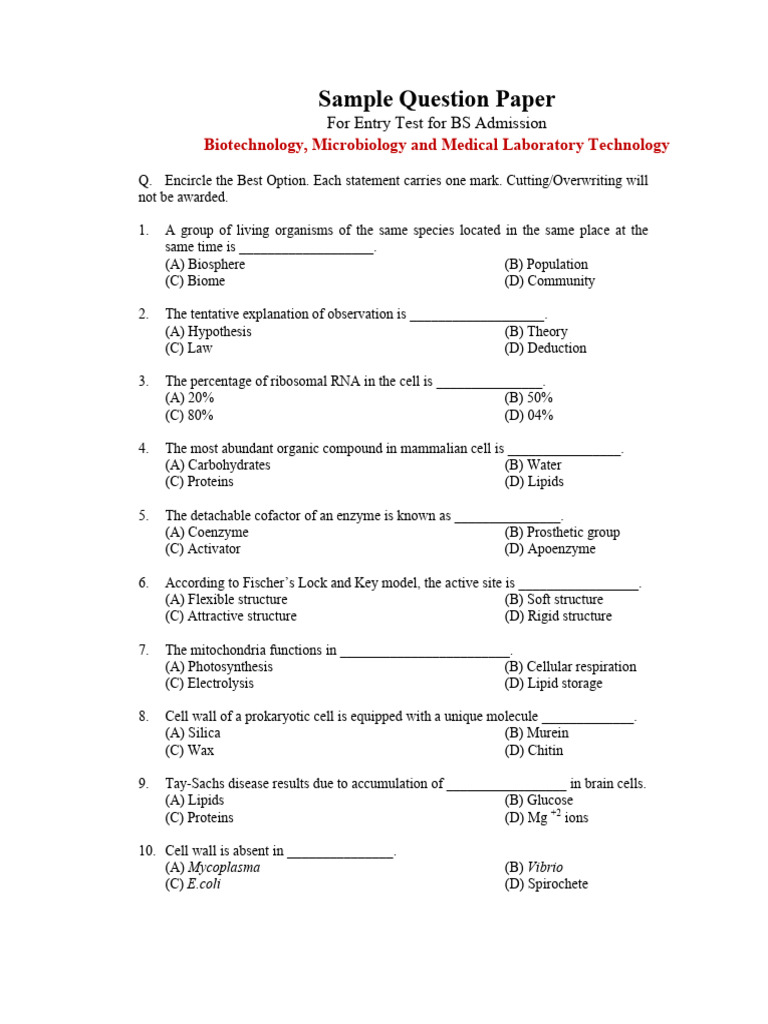 BS Admission Test: Biology Sample Questions | PDF | Cell (Biology ...