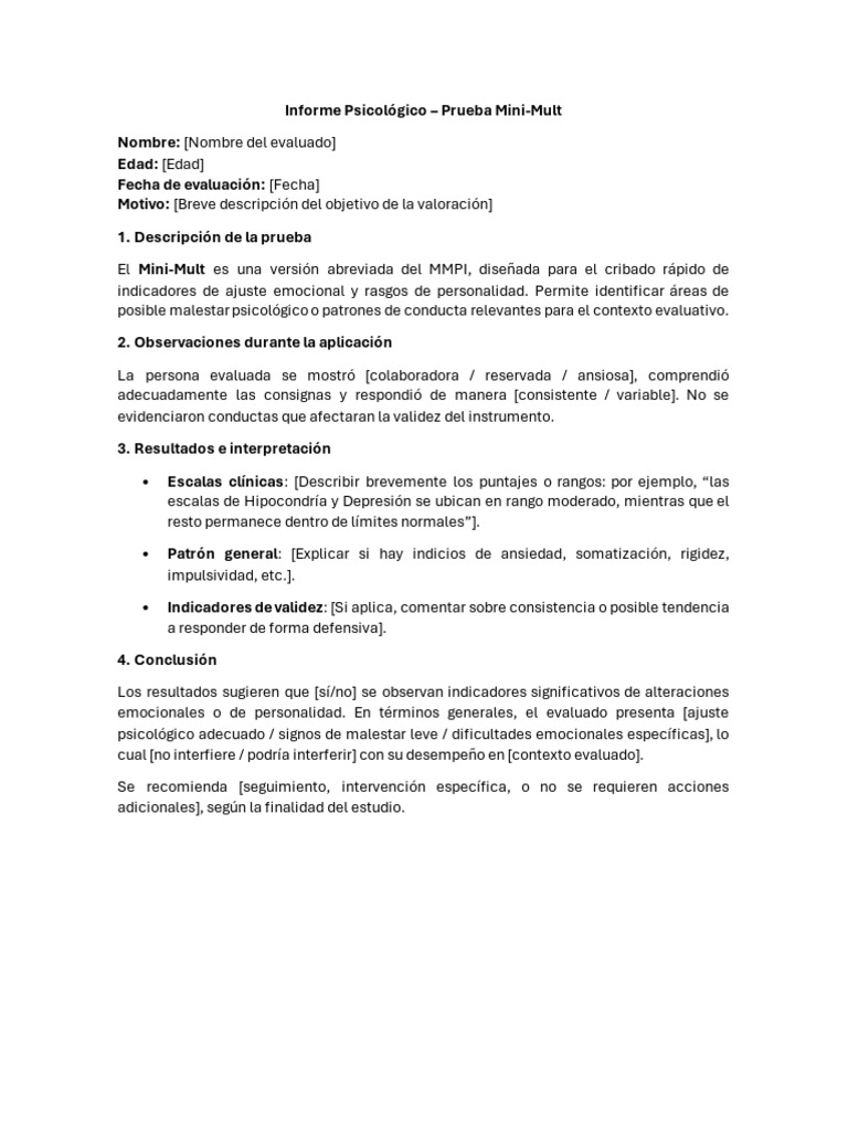 Informe Mini-Mult: Evaluación Psicológica | PDF