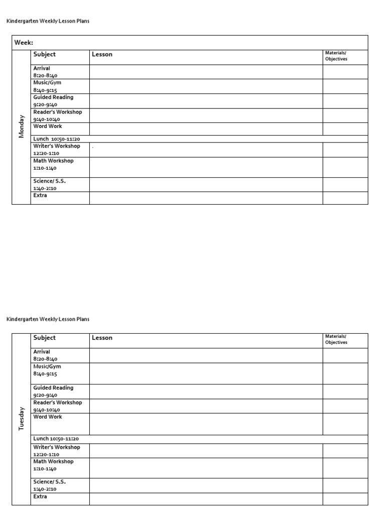 Kindergarten Weekly Lesson Overview | PDF
