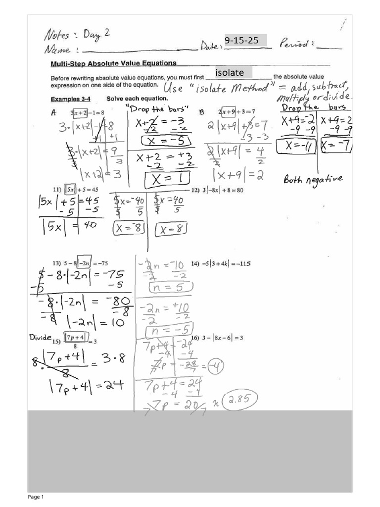9-15-25 FILLED OUT Notes 5.1ALG2 Two Step Absolute Value Equations 2 ...