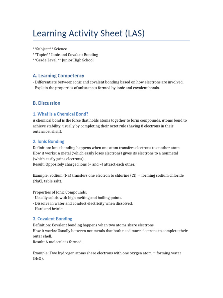 Las Ionic Covalent Bonding With Tables Pdf Chemical Compounds 3643