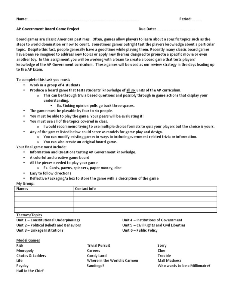AP Gov Board Game Challenge | PDF | Test (Assessment) | Curriculum