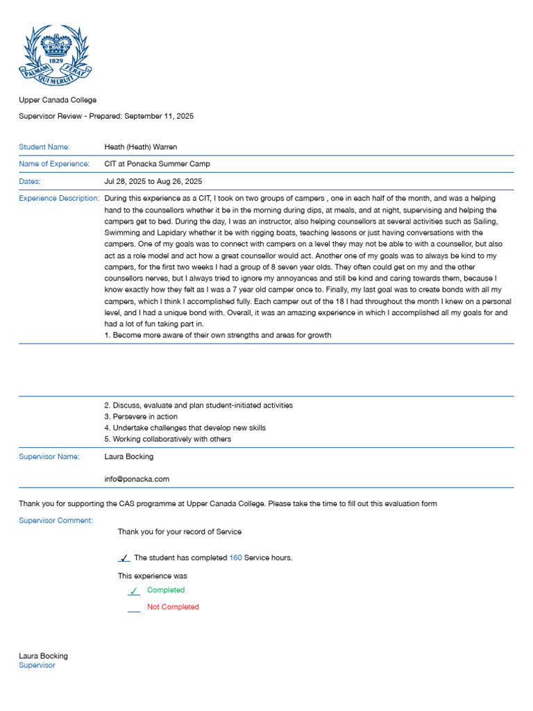 CAS Completion Form - Warren Heath Heath - CIT at Ponacka Summer Camp | PDF