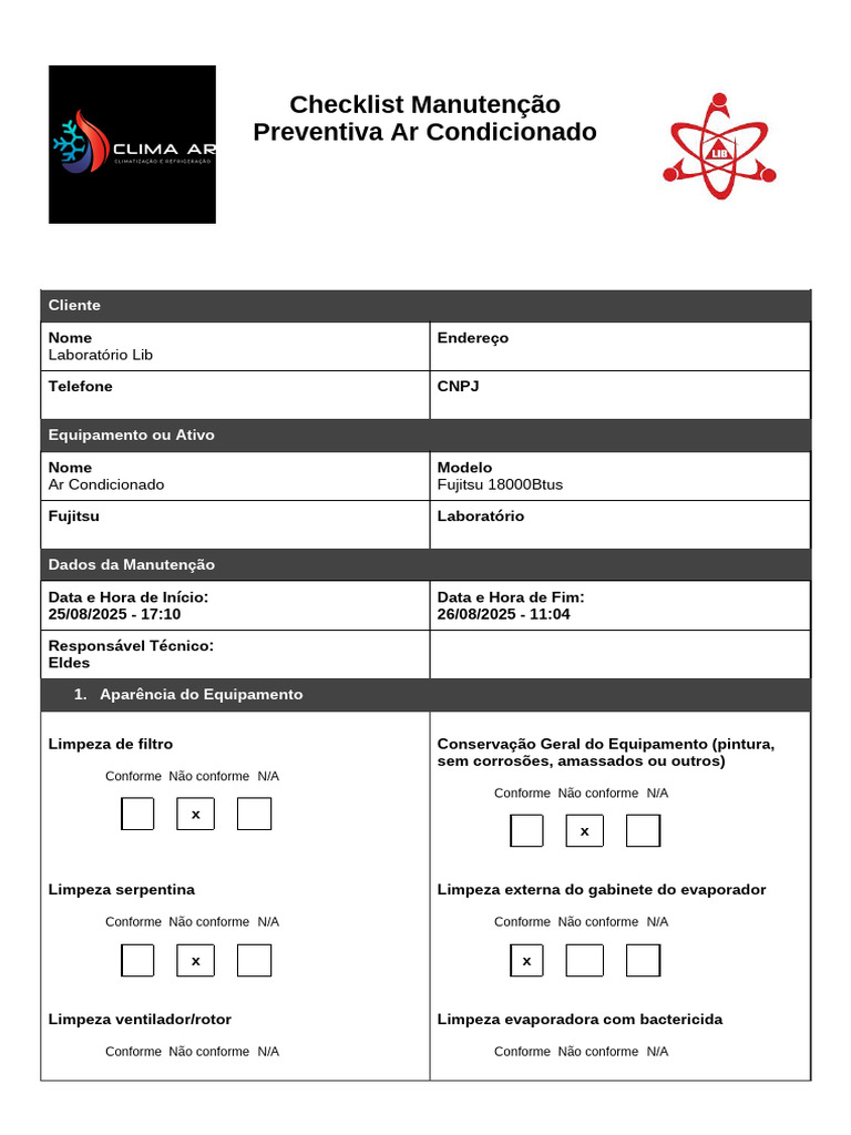 Checklist Manutenção Ar Condicionado | PDF | Ar condicionado | Refrigeração
