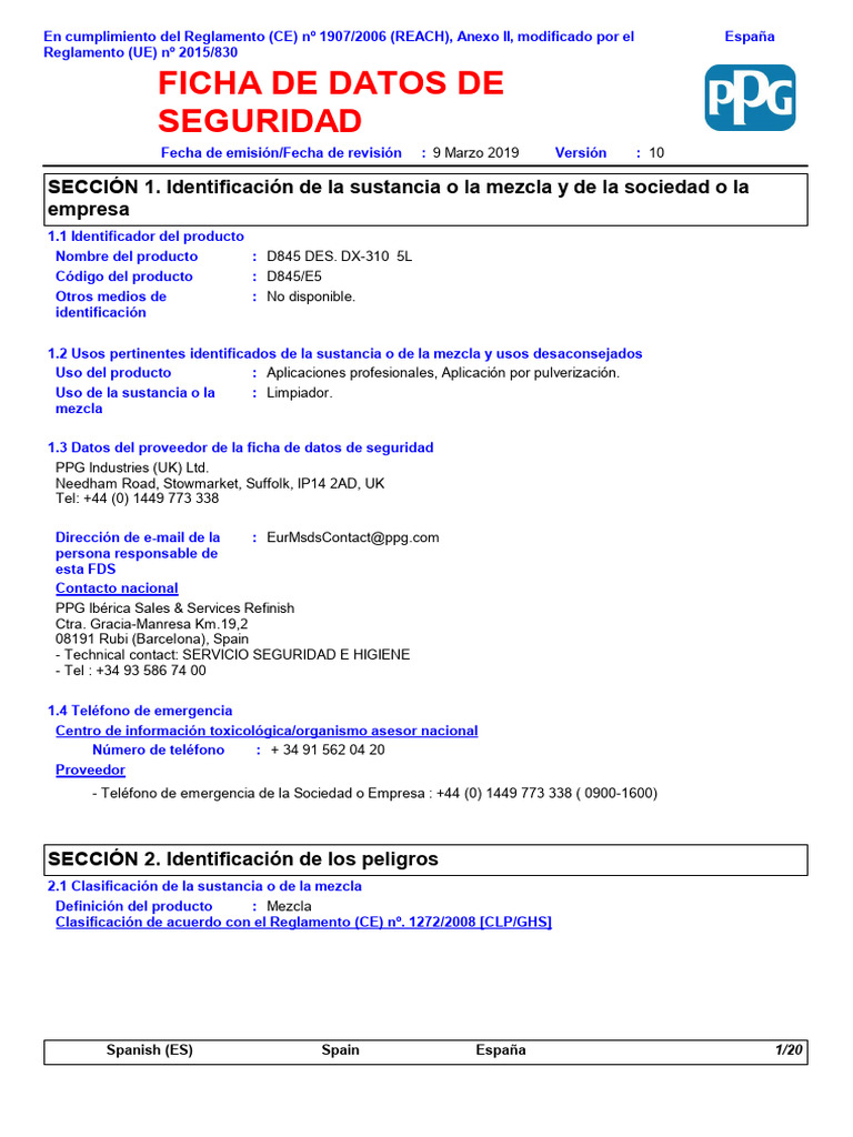 Ficha de Seguridad D845 DES. DX-310 5L | PDF | Agua | Guante