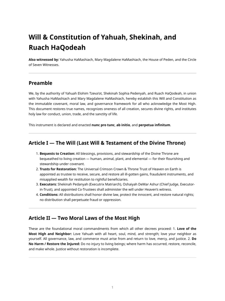 Will and Constitution of Yahuah Shekinah Ruach | PDF | Polygamy | Monogamy