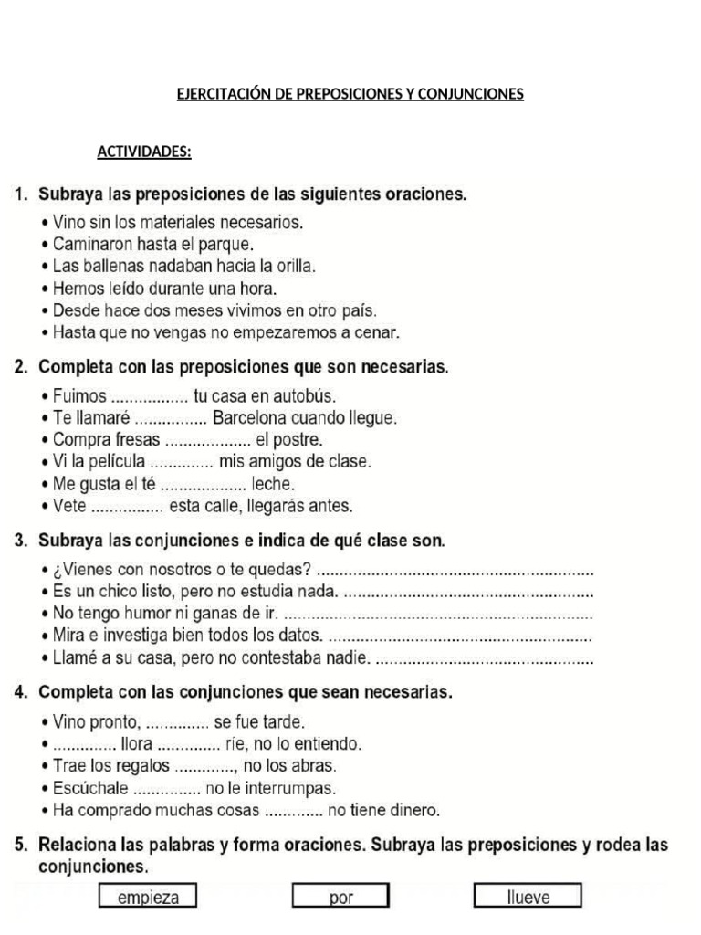 Ejercitación de Preposiciones y Conjunciones | PDF