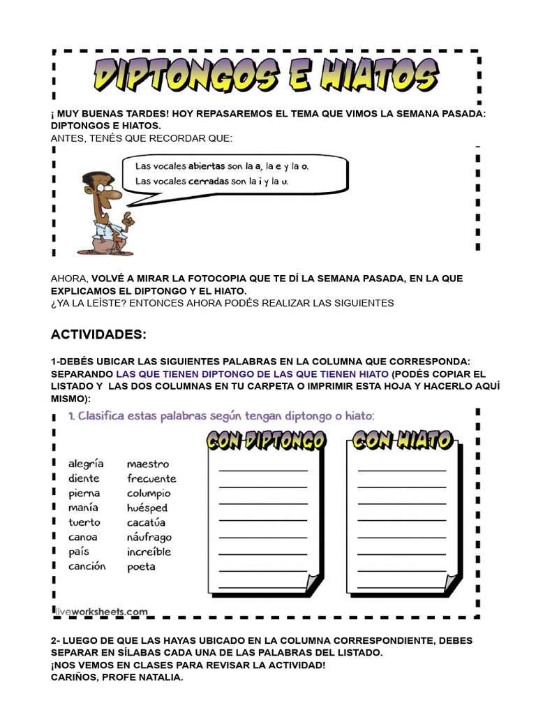 Diptongos e Hiatos: Actividades Prácticas | PDF
