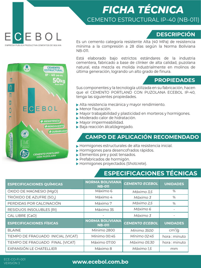 Ficha Técnica-Cemento Ip-40 Ecebol | PDF | Cemento | Hormigón