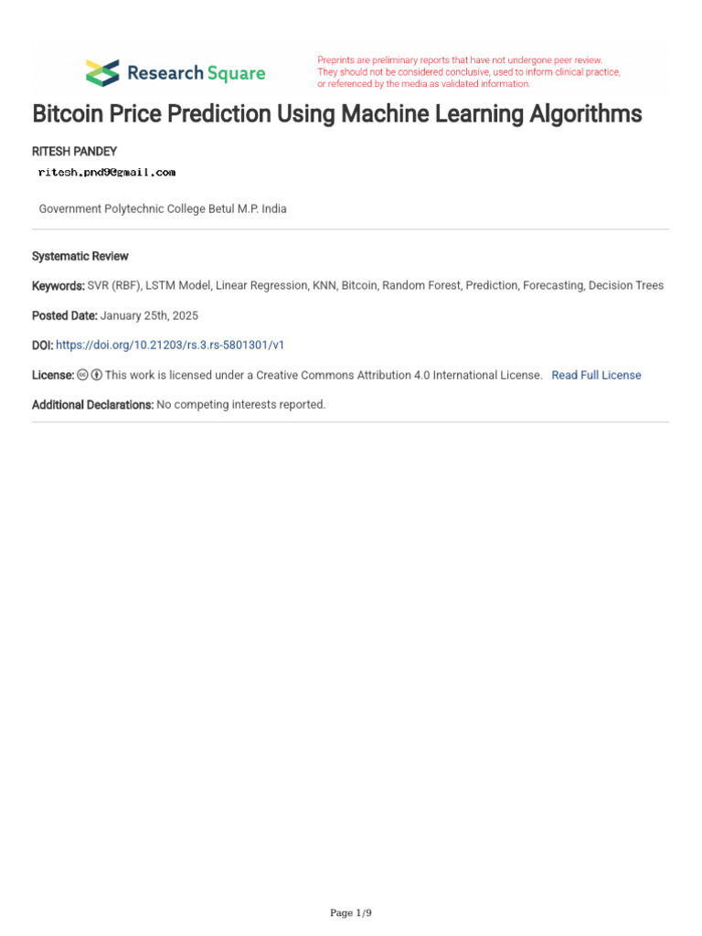 Bitcoin Price Prediction Using Machine Learning Al | PDF | Machine ...