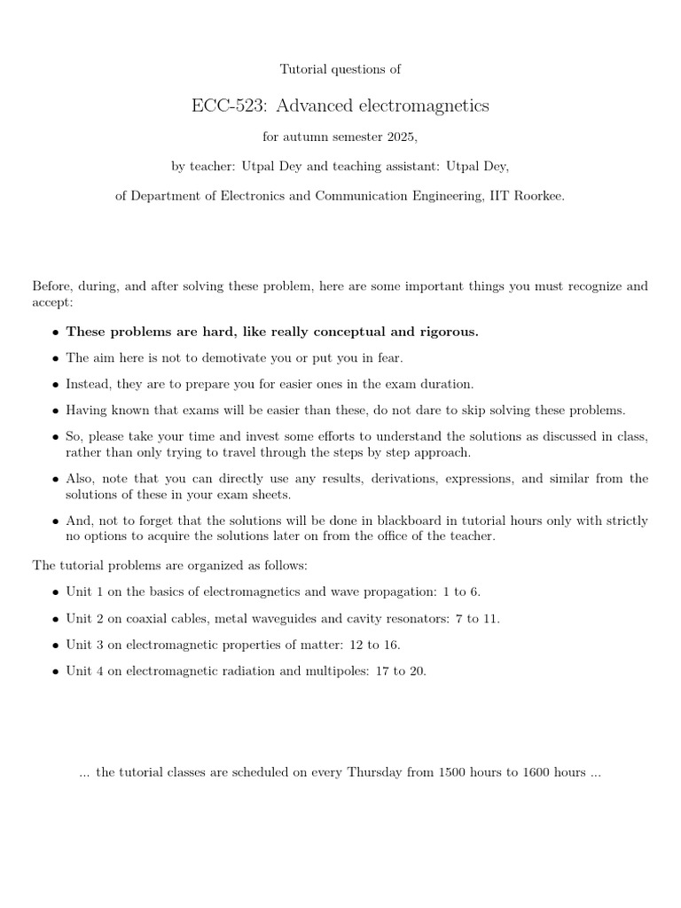 Dey Ecc 523 Autumn 2025 Tutorials | PDF | Electrodynamics | Motion ...