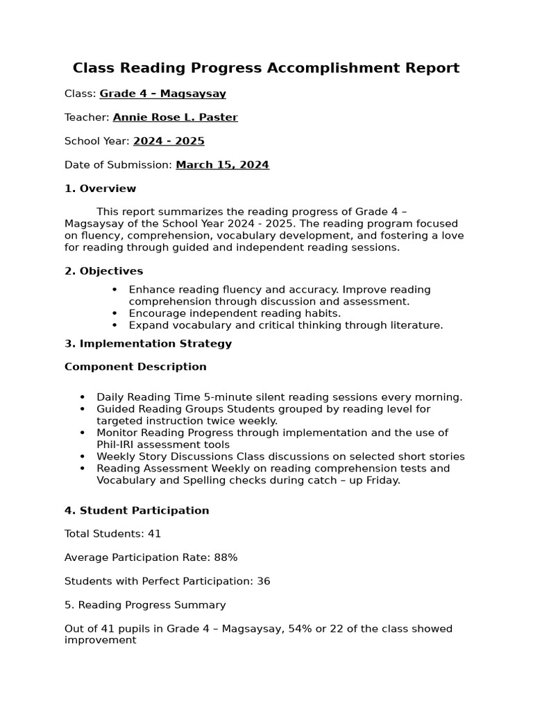 Grade 4 Reading Progress Report 2024 | PDF | Reading Comprehension ...