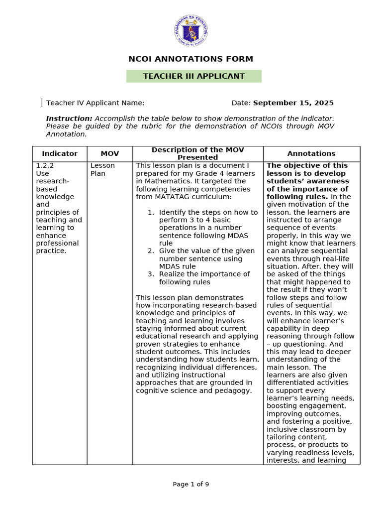 NCOI Annotations Form For Teacher III Applicant | PDF | Learning | Lesson Plan