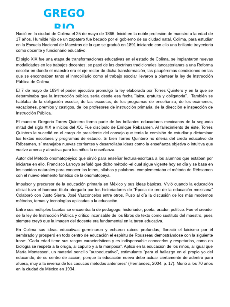 Gregorio Torres Quintero: Educador Innovador | PDF | Enseñando