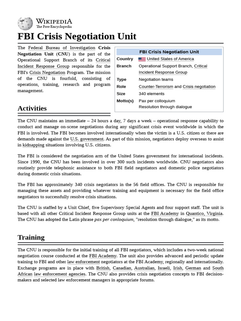 FBI Crisis Negotiation Unit Overview | PDF | Federal Law Enforcement ...
