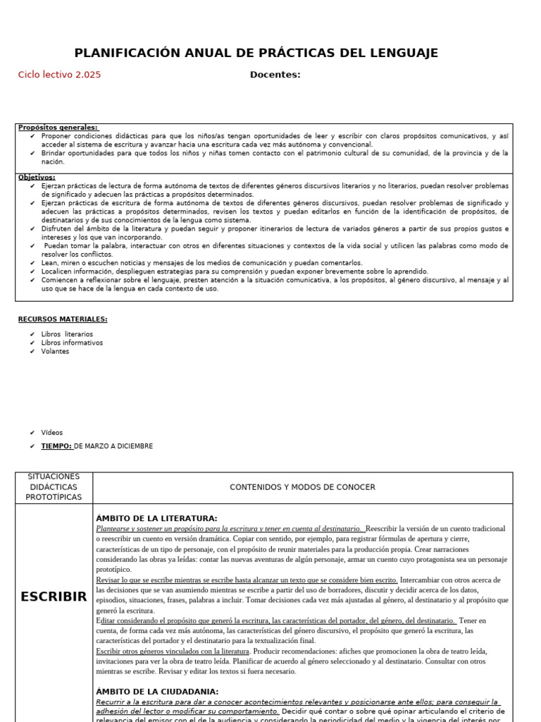 PDL 3/2025: Planificación Anual de Lenguaje | PDF | Evaluación ...