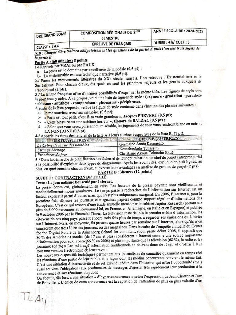 Tle A4 Français | PDF