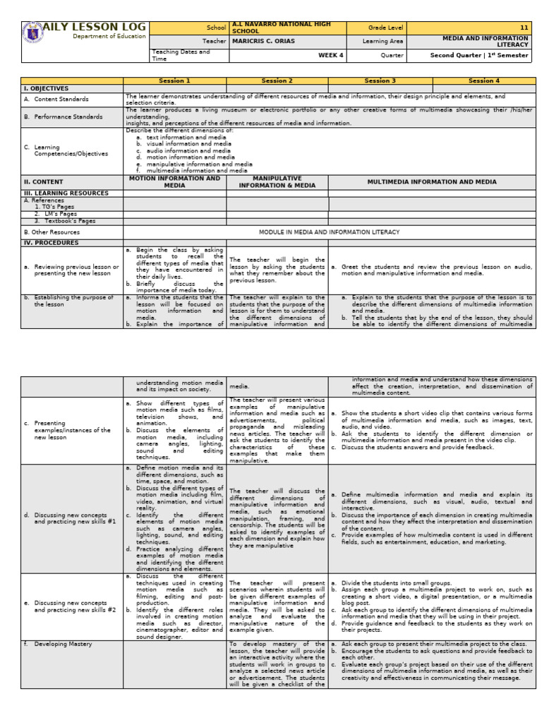 Grade 11 Media Literacy Lesson Plan | PDF | Multimedia | Learning