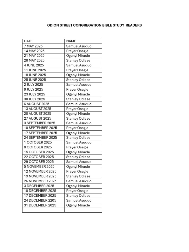 Odion Street Bible Study Schedule 2025 | PDF