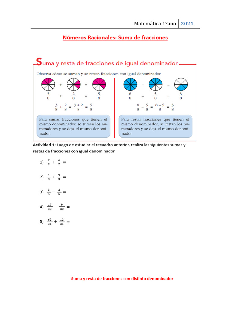 Números Racionales - Suma de Fracciones | PDF | Número racional ...