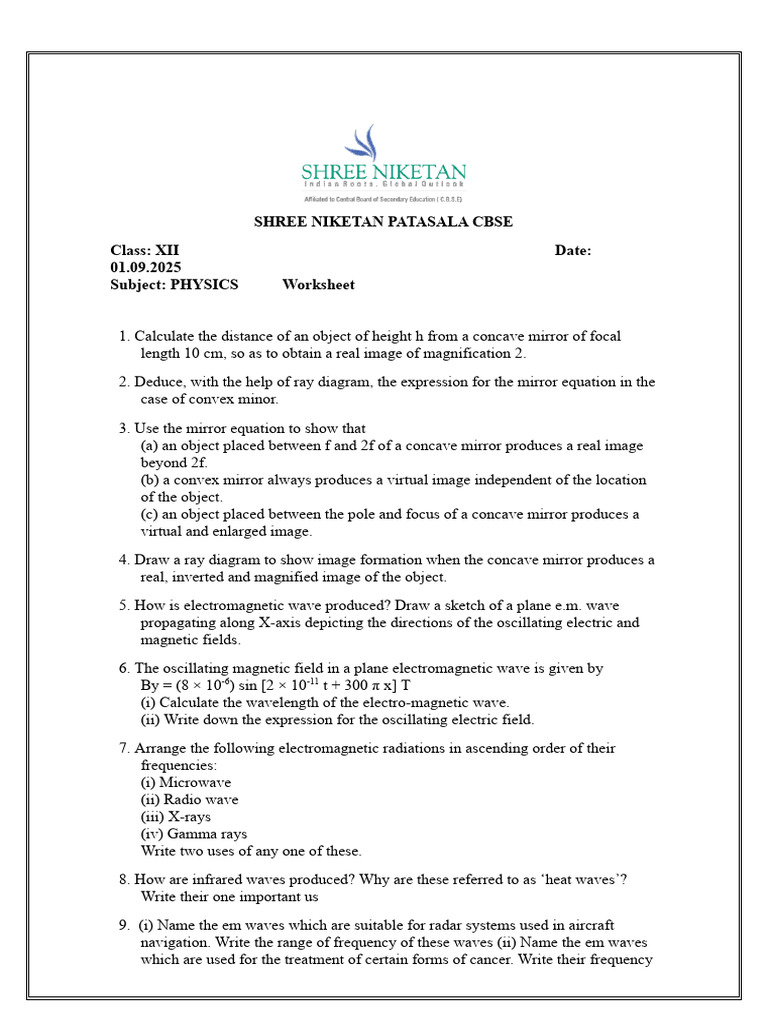 Physics Worksheet for Class XII Students | PDF | Waves ...
