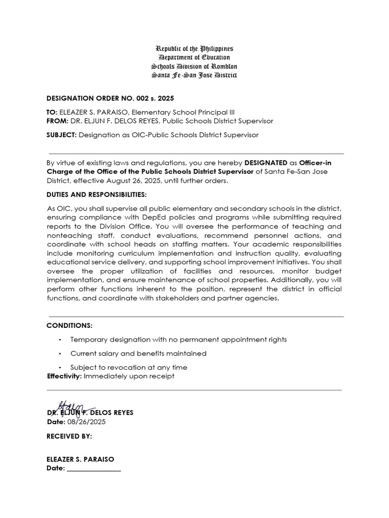 Designation Order for OIC Supervisor | PDF