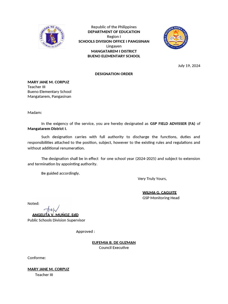 Designation Order for GSP Field Adviser | PDF