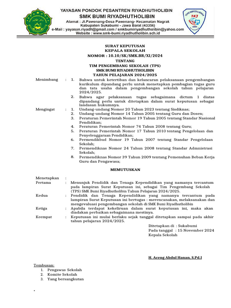 SK Tim Pengembang Sekolah SMK 2024/2025 | PDF