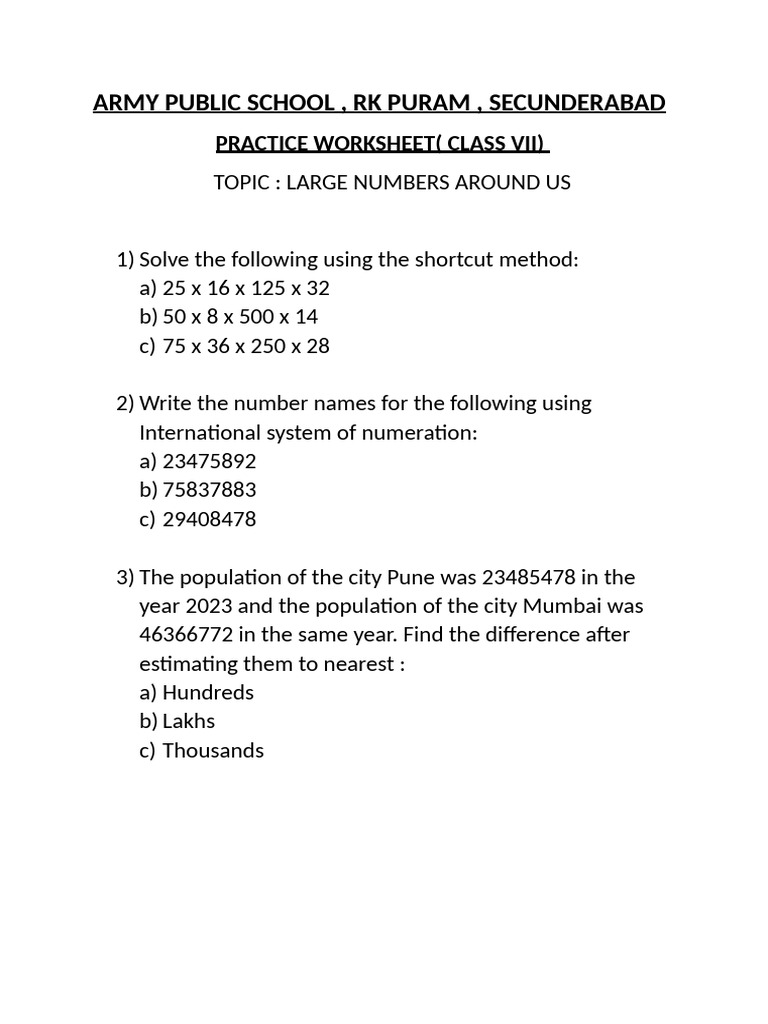Class VII Large Numbers Worksheet | PDF