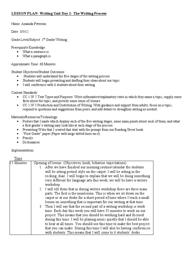 Writing Process Lesson Plan for 1st Grade | PDF | Lesson Plan | Writing
