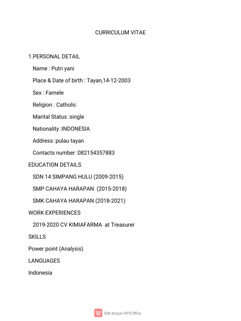 Putri Yani's Curriculum Vitae | PDF