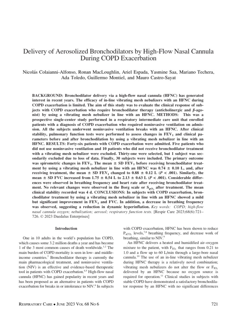 2023 Delivery of Aerosolized Bronchodilators by High Flow Nasal Cannula ...