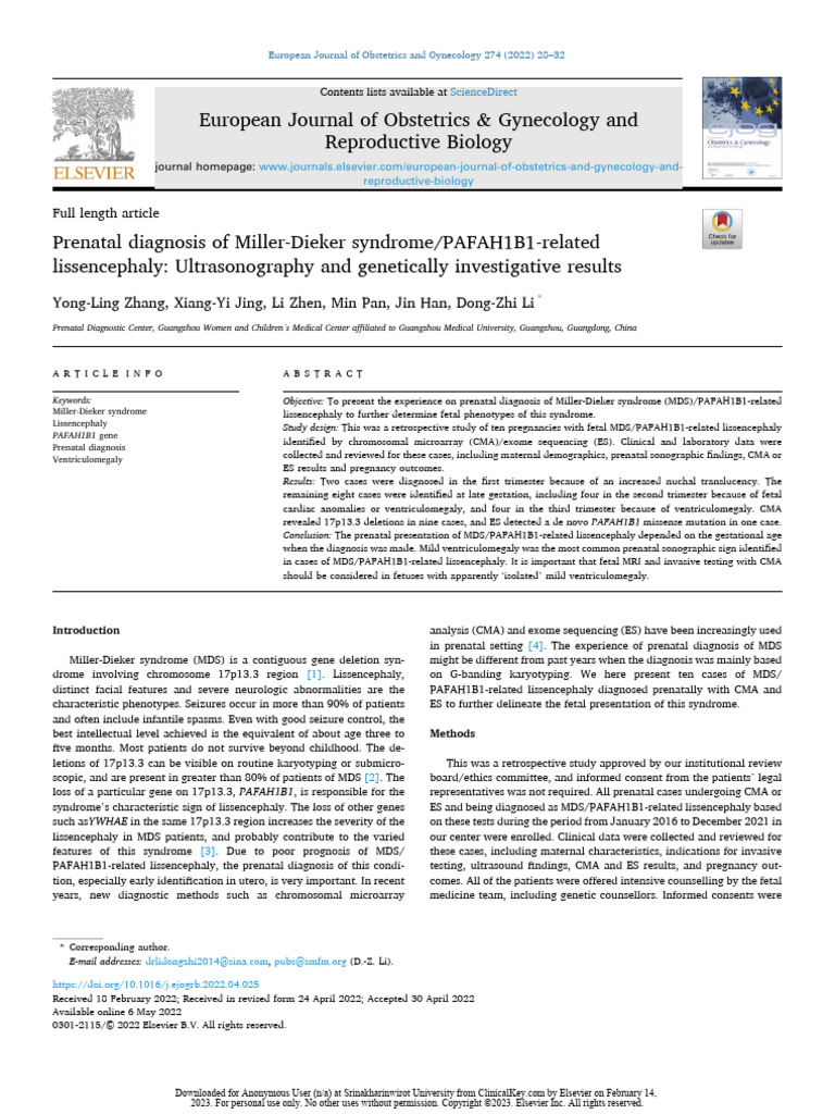 Prenatal Diagnosis of Miller-Dieker syndromePAFAH1B1-related | PDF ...