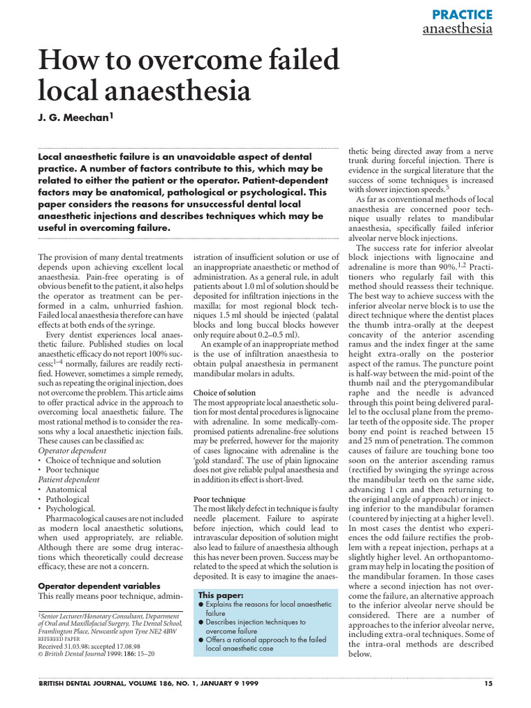 Overcoming Local Anaesthetic Failure | PDF | Dental Anatomy | Anesthesia