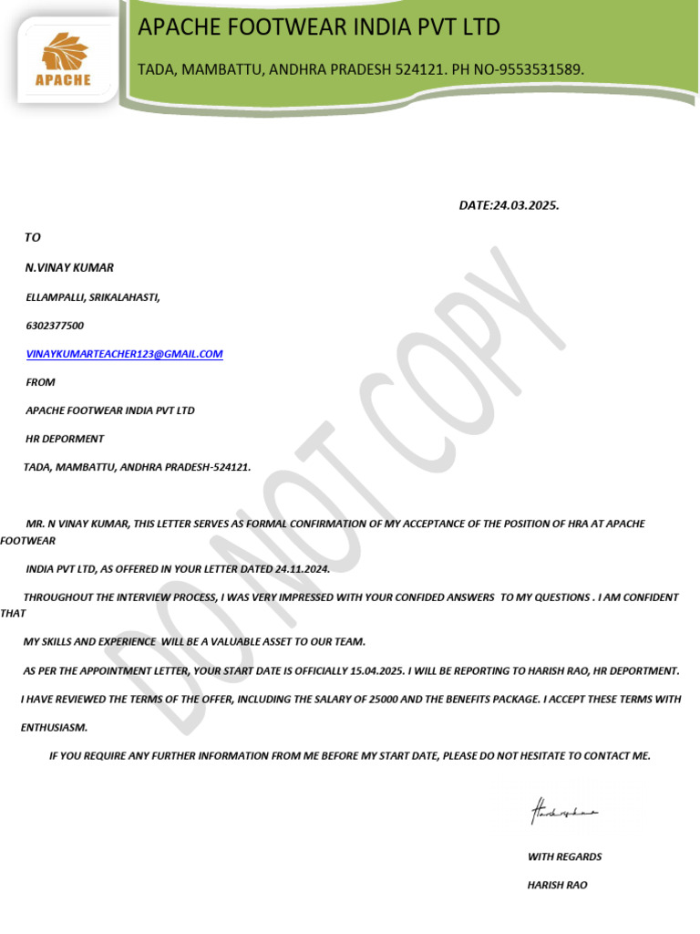Appointment Letter As HRA | PDF