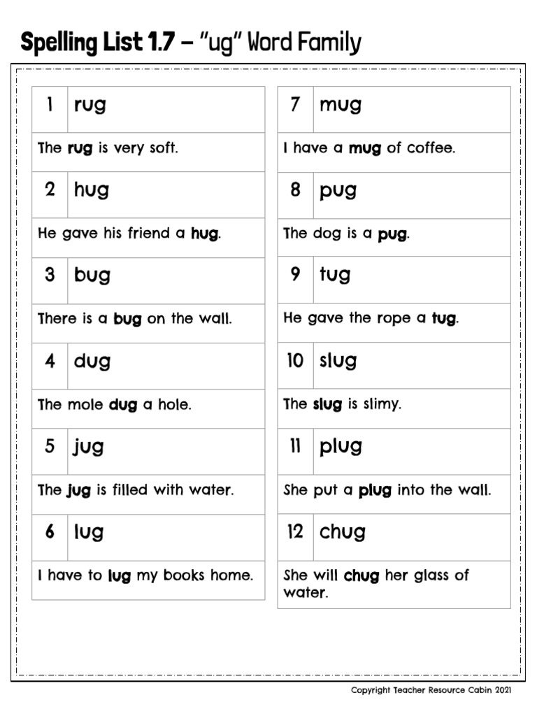 "Ug" Word Family: Spelling List 1.7 | PDF