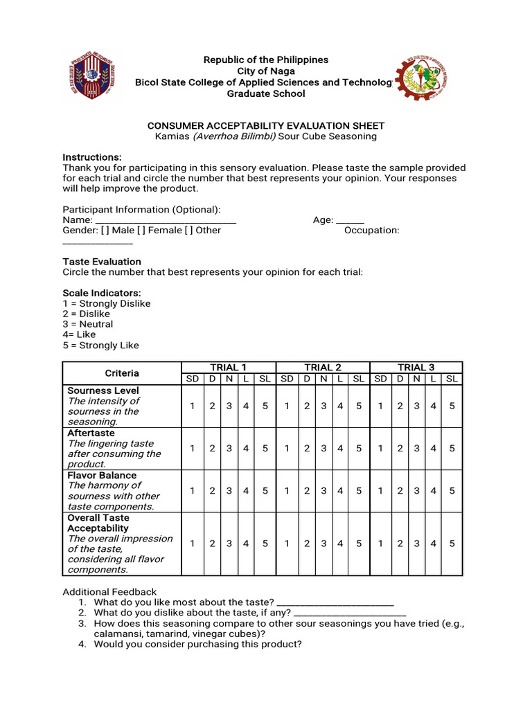 Consumer Acceptability Evaluation Sheet | PDF