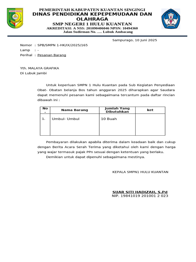 Surat Pesanan, Penawaram Dan Bast SMPN 2024 | PDF
