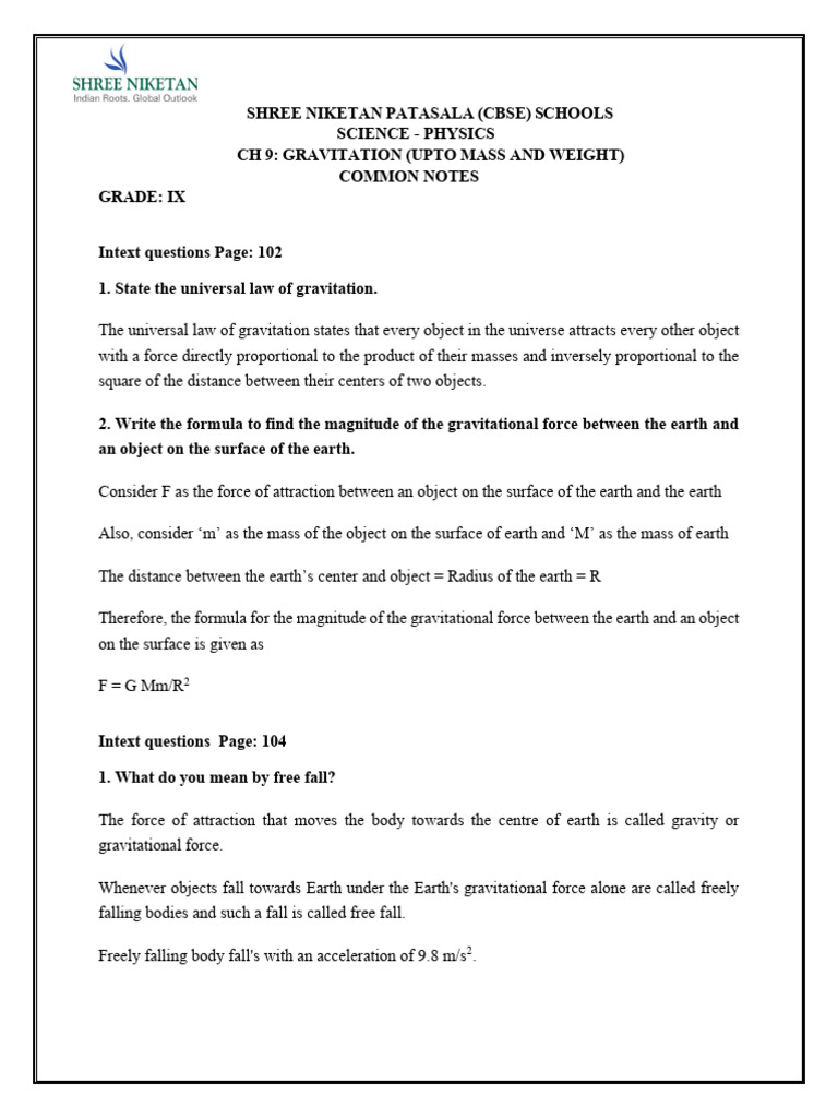 Gravitational Concepts for Grade IX Science | PDF | Weight | Force