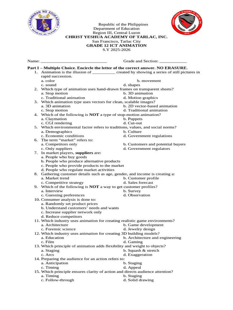 Grade 12 ICT Animation Quiz 2025-2026 | PDF | Animation | Computer ...