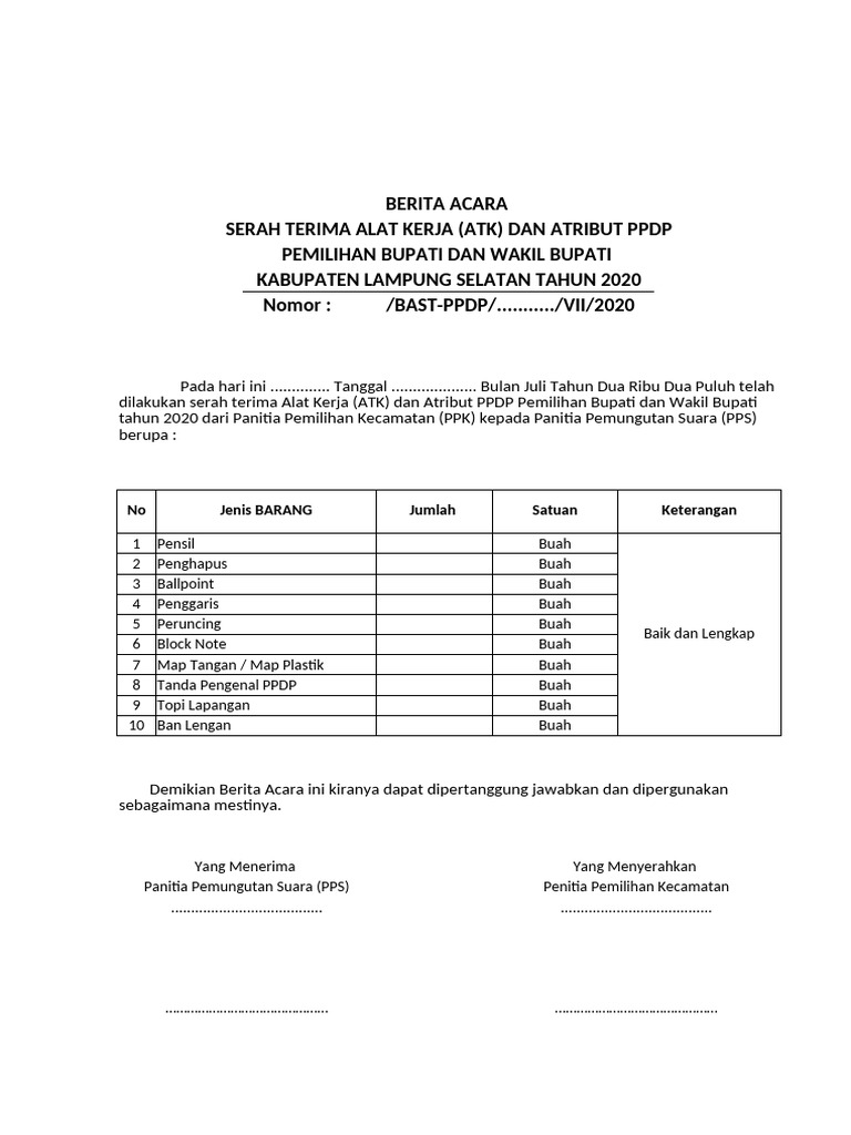 Serah Terima ATK PPDP Pilbup 2020 | PDF