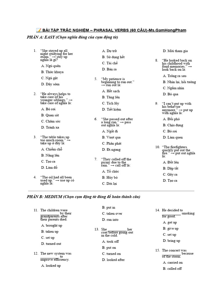 Phrasal Verbs Quiz: 60 Questions | PDF