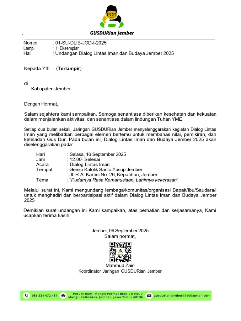 Undangan Dialog Lintas Iman Dan Budaya Jember 2025 Sept | PDF