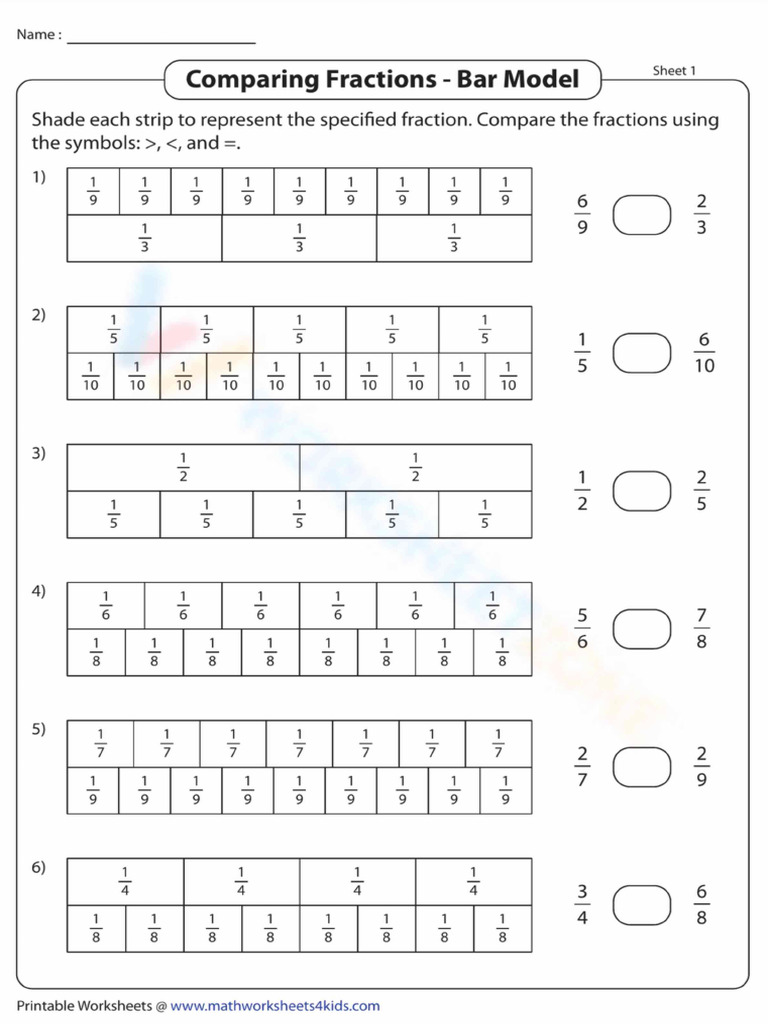Bar Model - Comparing Fractions Worksheet | PDF