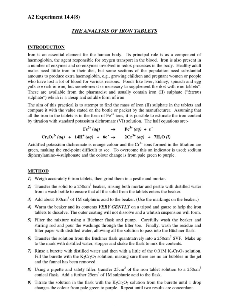 A2 Expt 14.4 (8) Analysis of Iron Tablets | PDF | Iron | Potassium